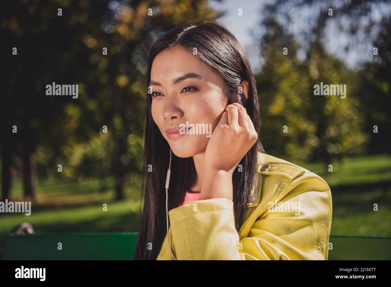 Portrait of attractive dreamy calm peaceful minded cheerful long-haired ...