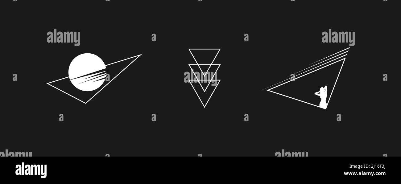 Set of retrowave design elements. Triangles with striped sun and sexy ...
