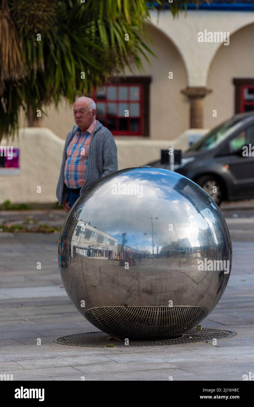 A stainless steel ball fountain in Newquay Town centre in Cornwall ...