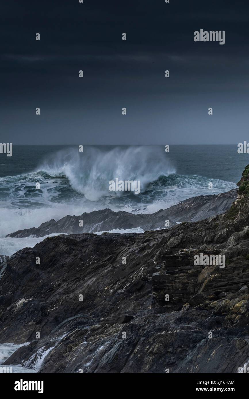Wild weather and wild seas around Towan Head on the coast of Newquay in ...