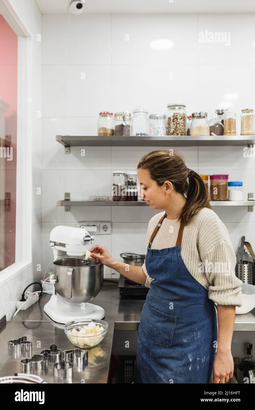 Female pastry chef using an electric mixer while cooking in the bakery ...