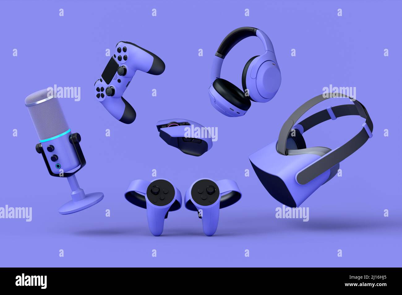 Flying gamer gears like mouse, keyboard, joystick, headset, VR Headset ...