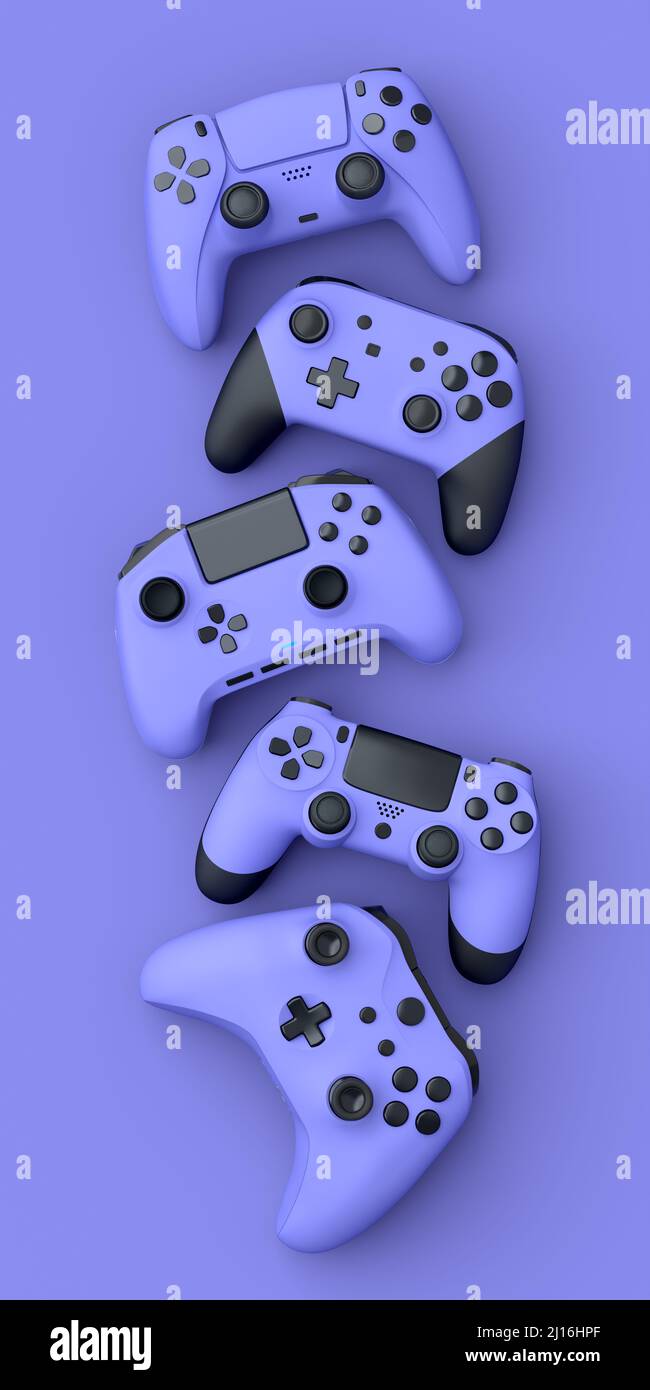 Set of lying gamer joysticks or gamepads on purple background with blur ...