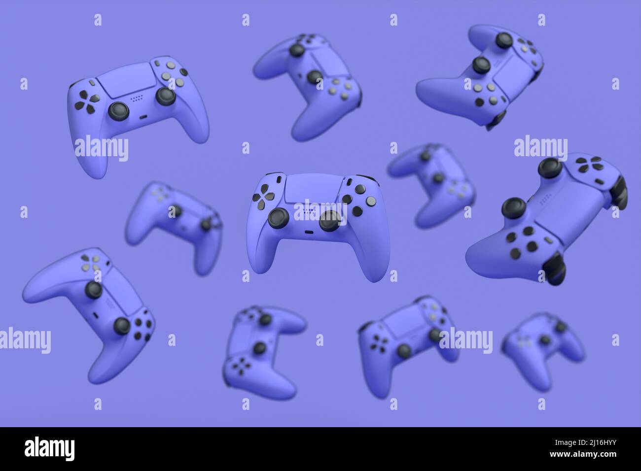 Flying gamer joysticks or gamepads on purple background with blur. 3d ...