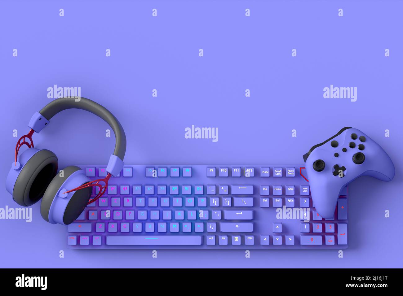 Top view of gamer workspace and gear like mouse, keyboard, headset on ...