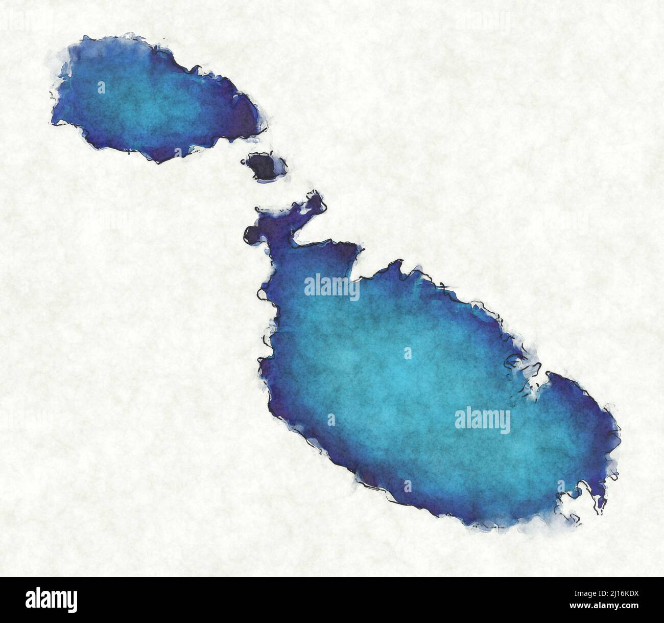 Malta map with drawn lines and blue watercolor illustration Stock Photo ...