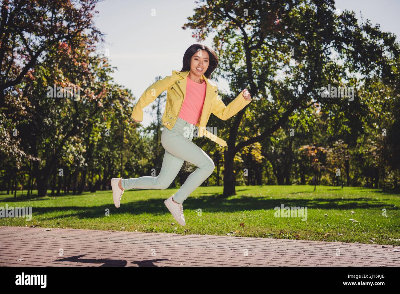 Full length body size view of attractive motivated energetic cheerful ...