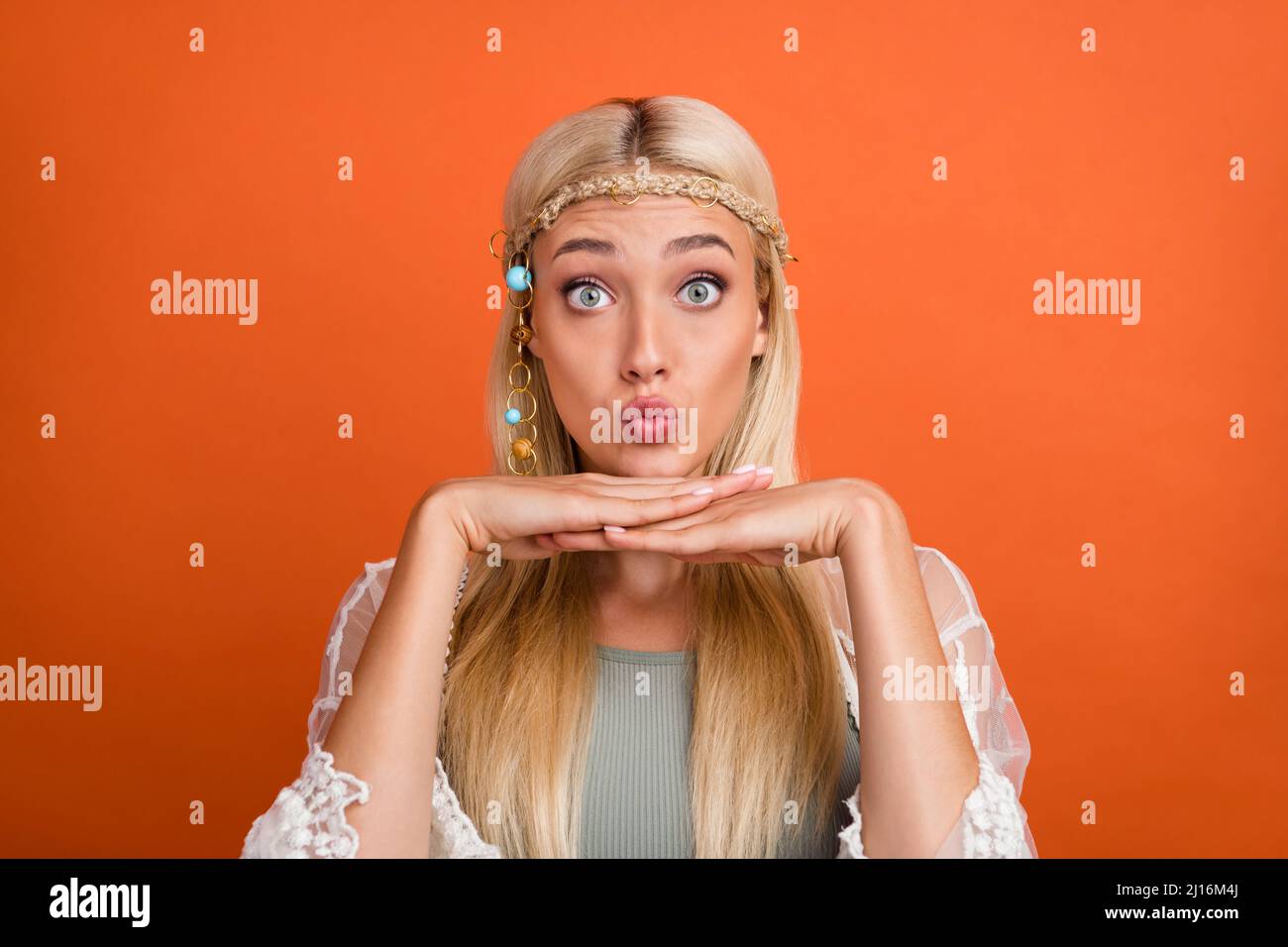 Portrait Of Attractive Funny Amazed Blond Girl Sending You Air Kiss