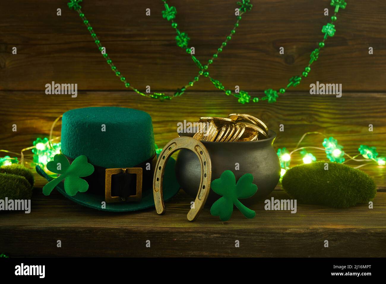 Happy St Patricks Day leprechaunt with gold coins on vintage style ...
