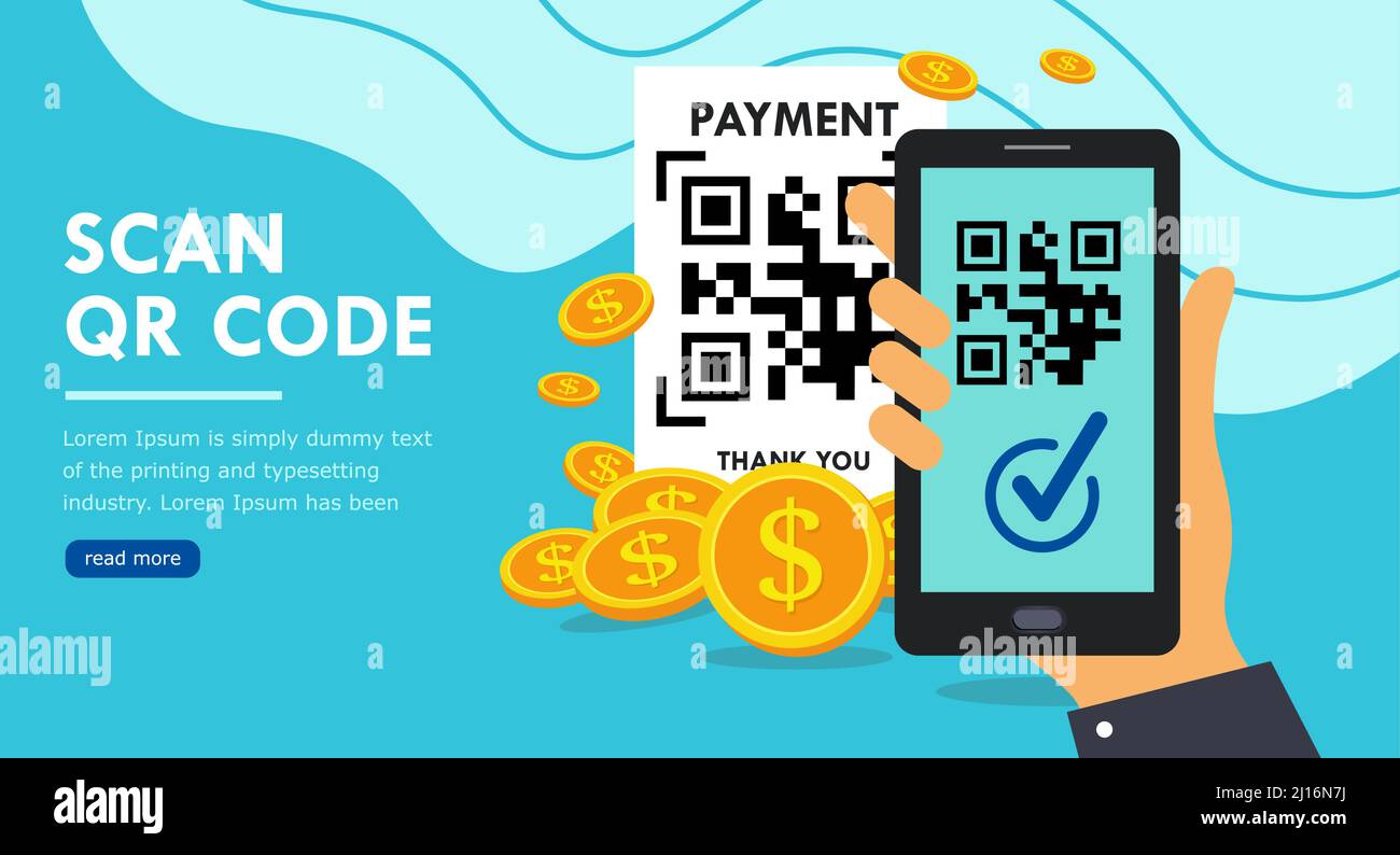 Scan QR code with smartphone. landing page with money and phone in hand ...