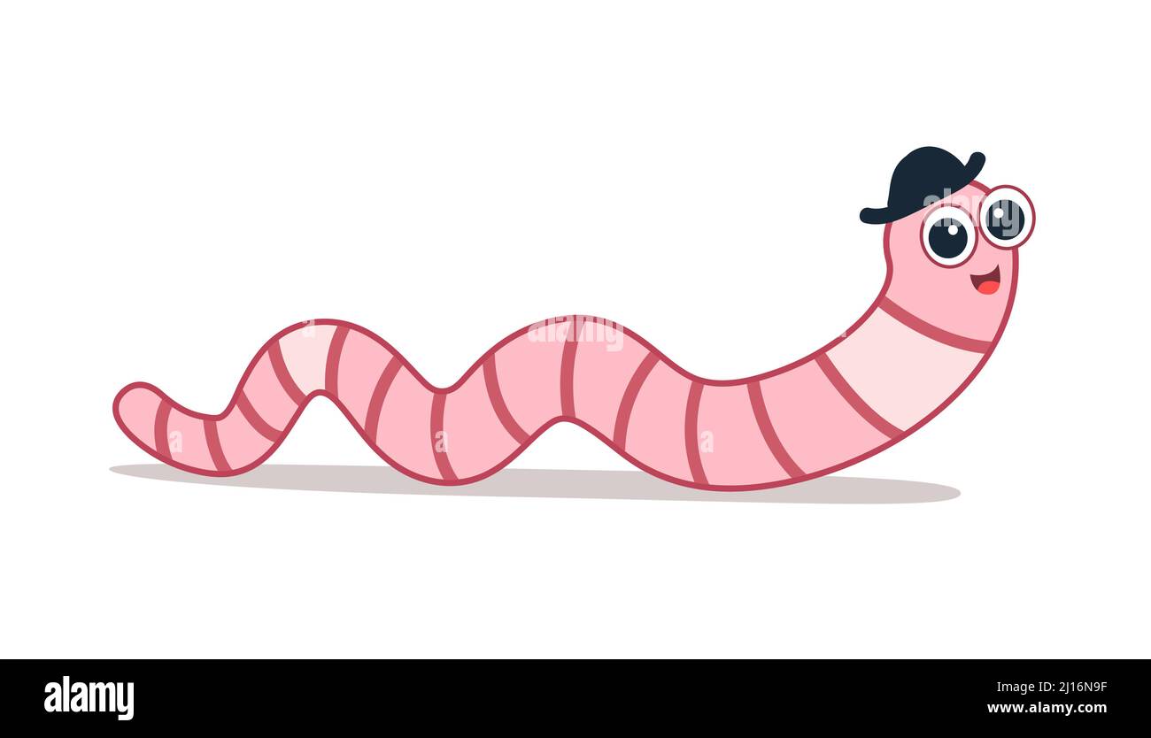 Pink worm with hat, flat style. Earthworm is a cartoon character Stock ...
