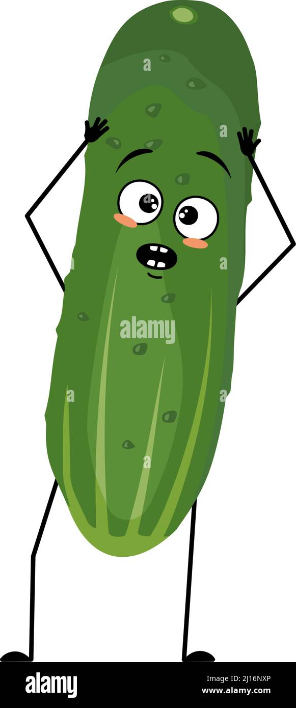 Cucumber character with emotions in panic grabs his head, surprised ...