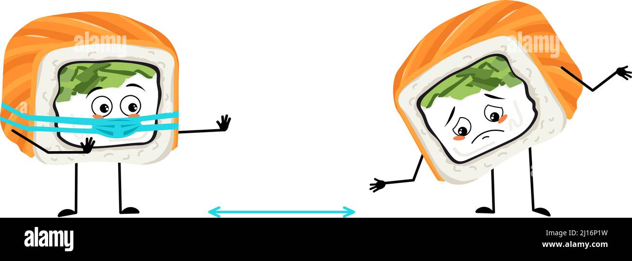 Sushi character with sad emotions, face and mask keep distance, arms ...