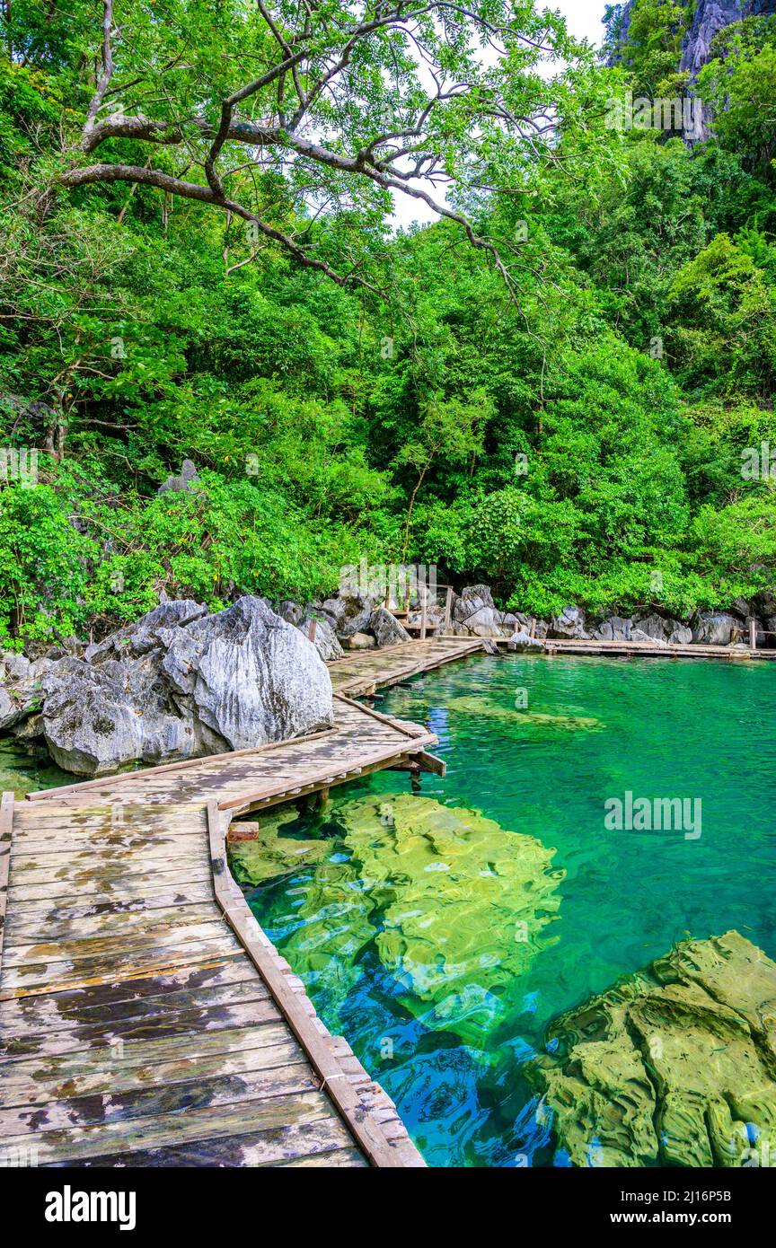 Kayangan Lake - Blue crystal water in paradise lagoon - walkway on wooden pier in tropical ...