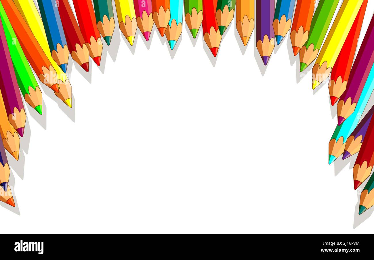 A set of colored pencils arranged in a semicircle on top of an isolated ...