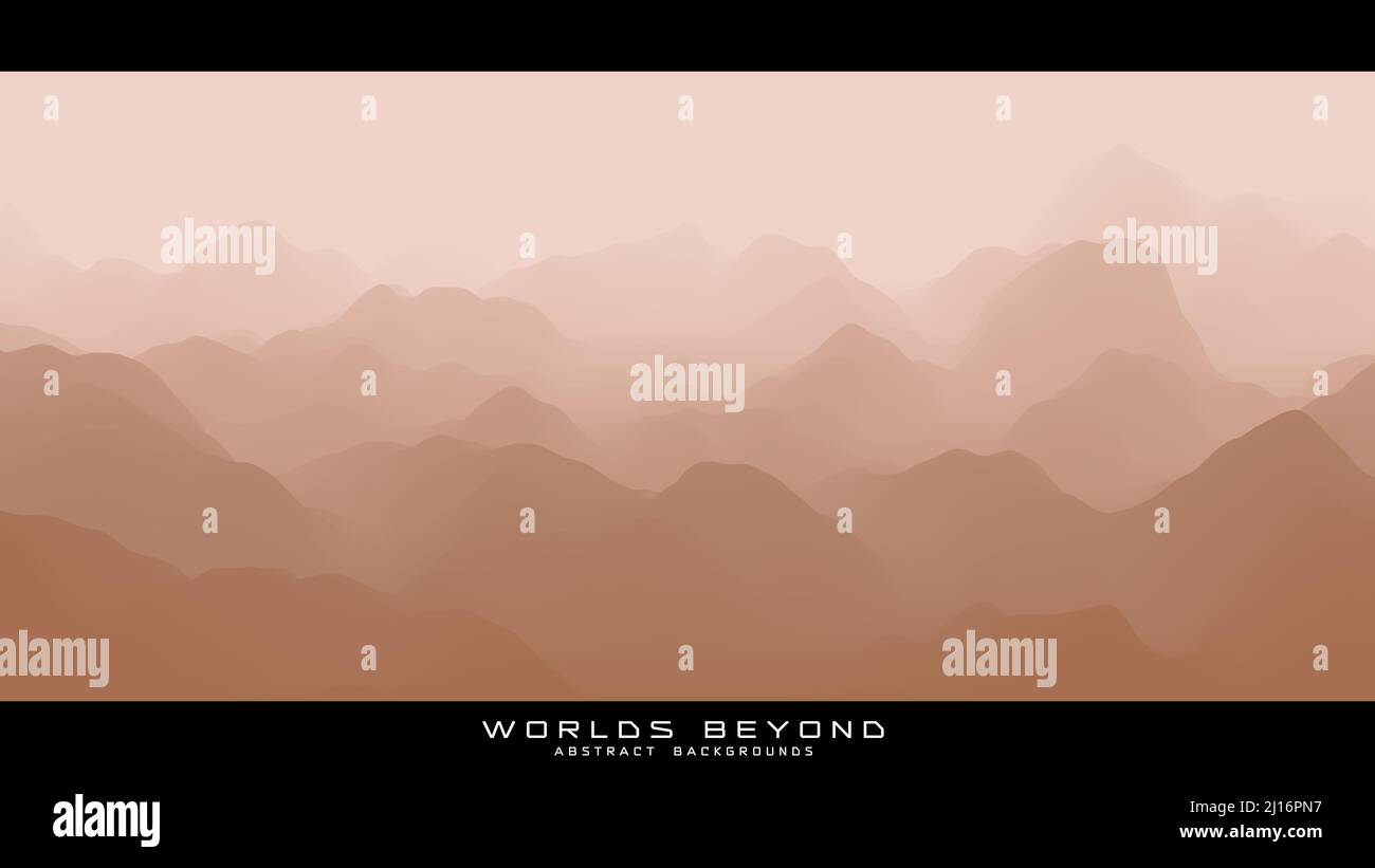 Abstract beige landscape with misty fog till horizon over mountain ...