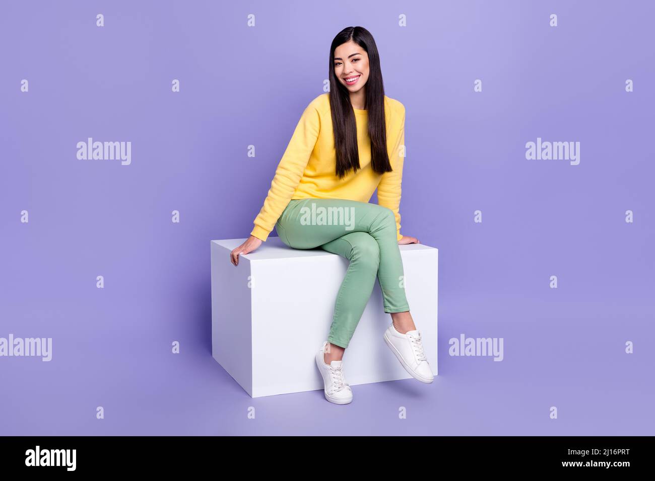 Full size photo of young adorable woman sitting platform promoter ...