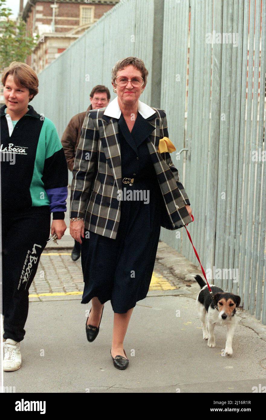 File photo dated 3/11/90 of Lady Elspeth Howe, walking her dog ...