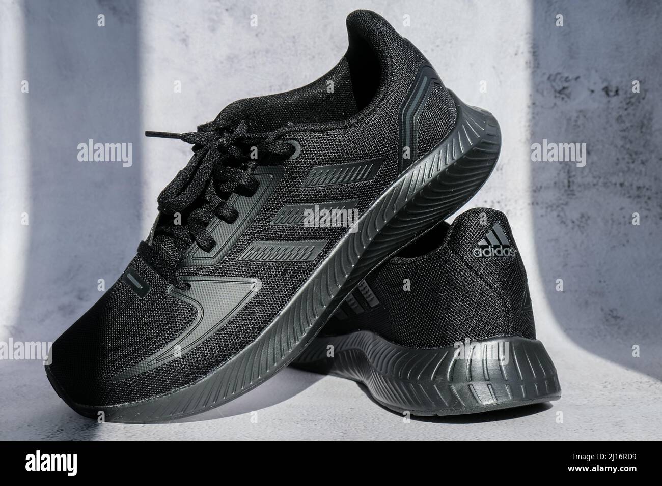 Kiev Ukraine - October 2021 Black Adidas Adidas sneakers on display ...