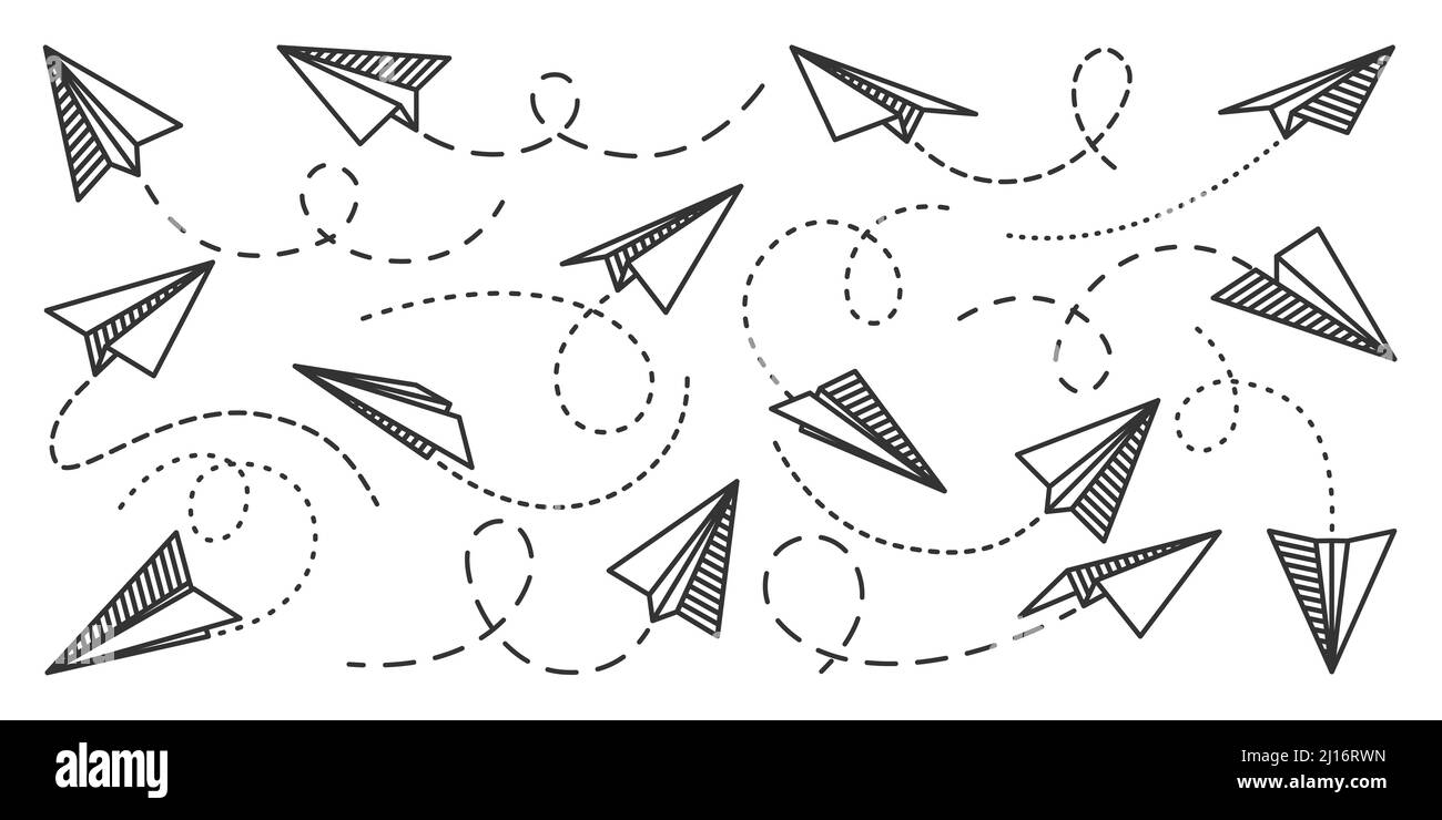 Various hand drawn paper planes. Black doodle airplanes with dotted ...