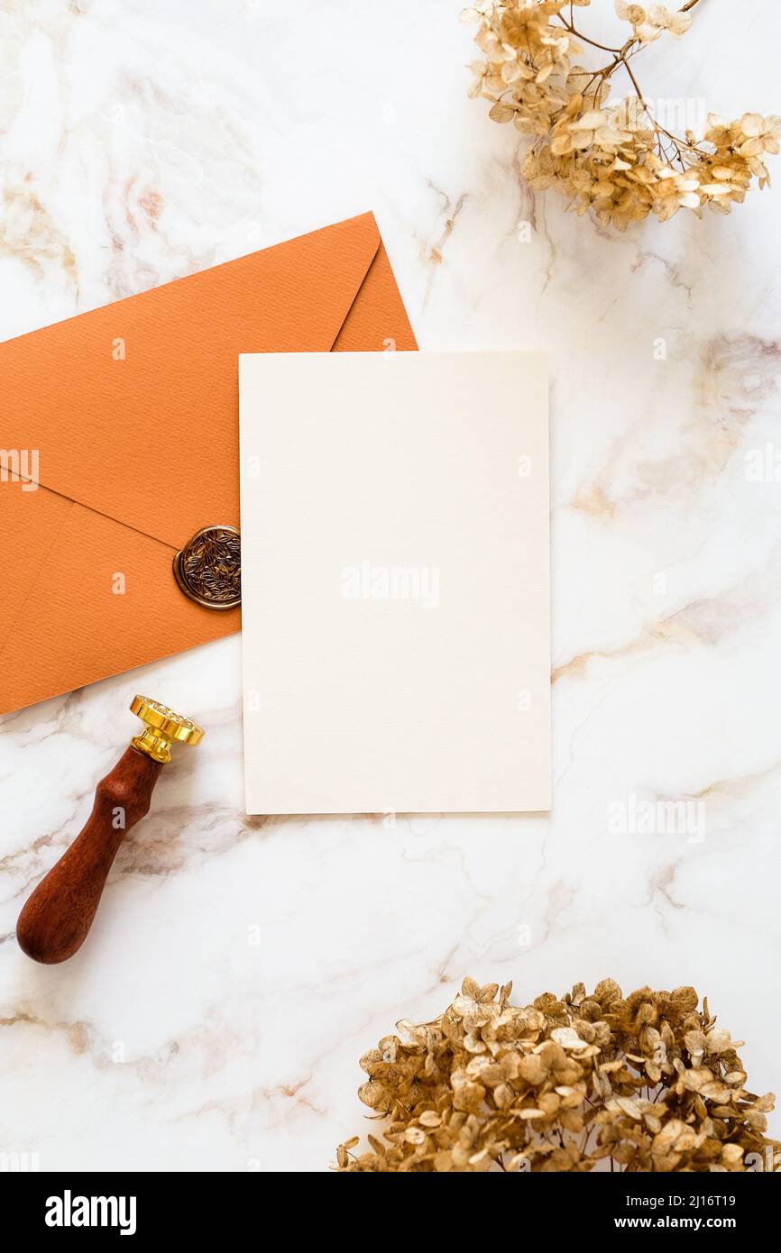 Wedding invitation card template with bronze envelope, wax seal stamp ...