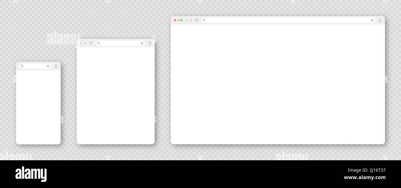 Blank web browser window with toolbar and search field. Modern website, internet page in flat ...