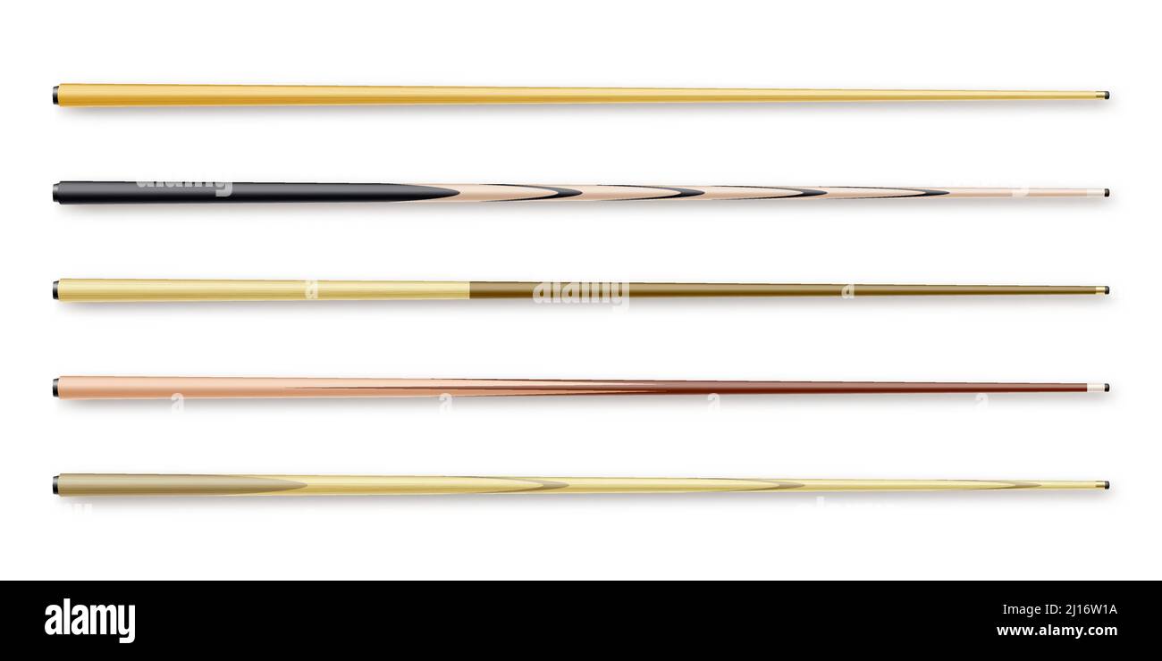 Various wooden billiard cues isolated on white background. Snooker ...