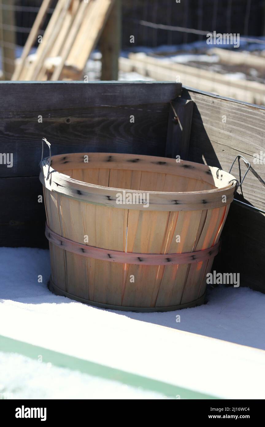 Empty wooden bucket and crate stored in the wagon for later use Stock ...