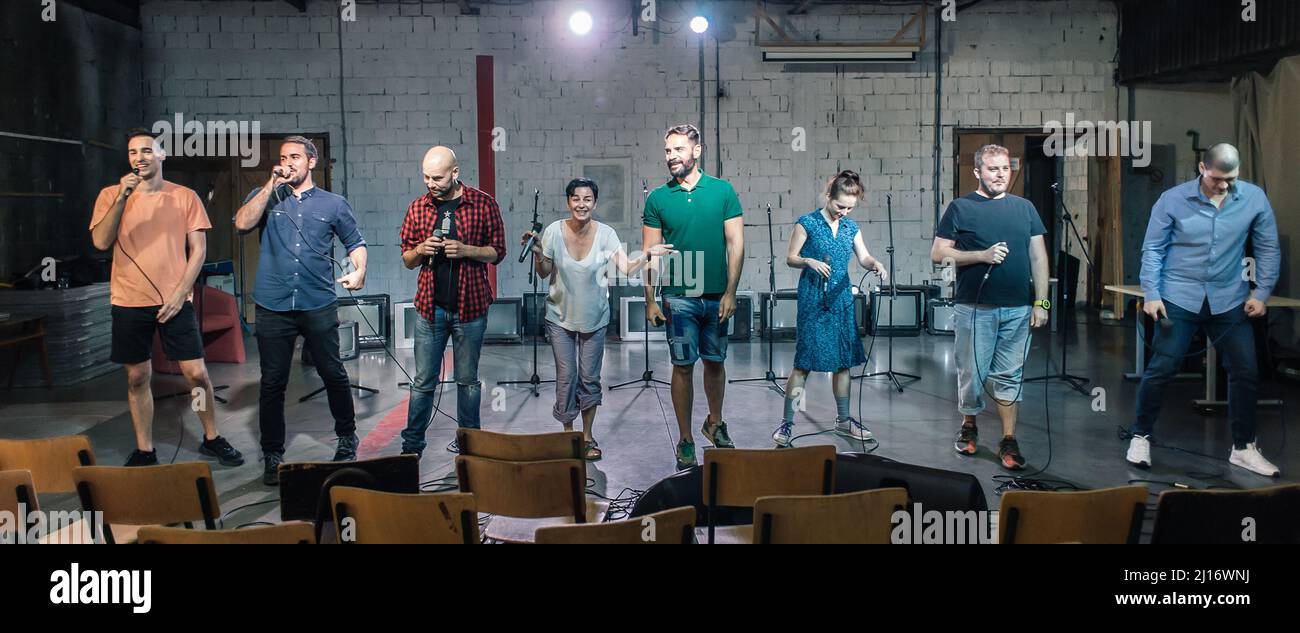 Rehearsal at theatre. Actors preparing for a role during the rehearsal ...