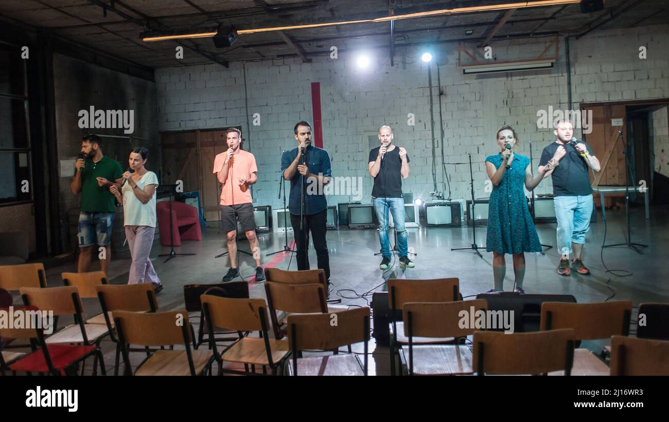 Rehearsal at theatre. Actors preparing for a role during the rehearsal ...