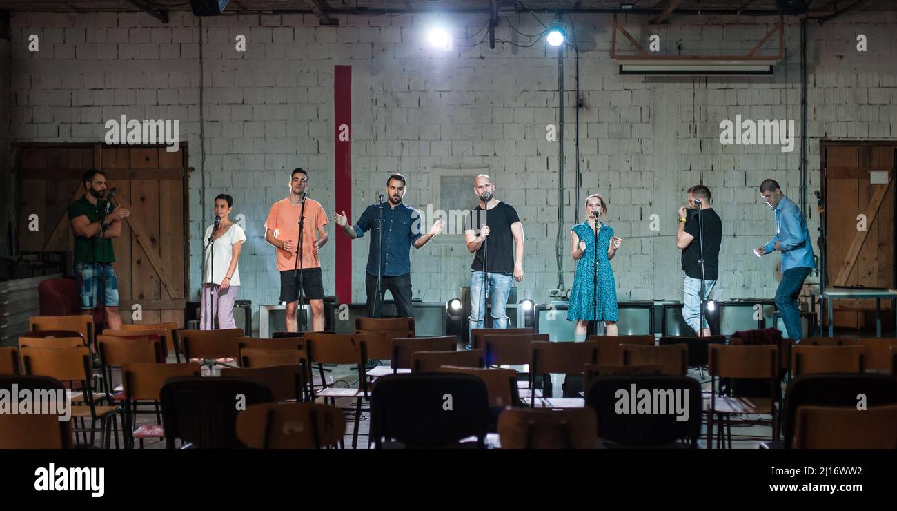 Rehearsal at theatre. Actors preparing for a role during the rehearsal ...
