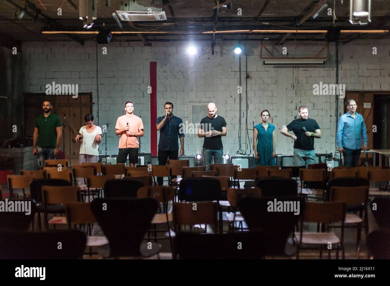 Rehearsal at theatre. Actors preparing for a role during the rehearsal ...