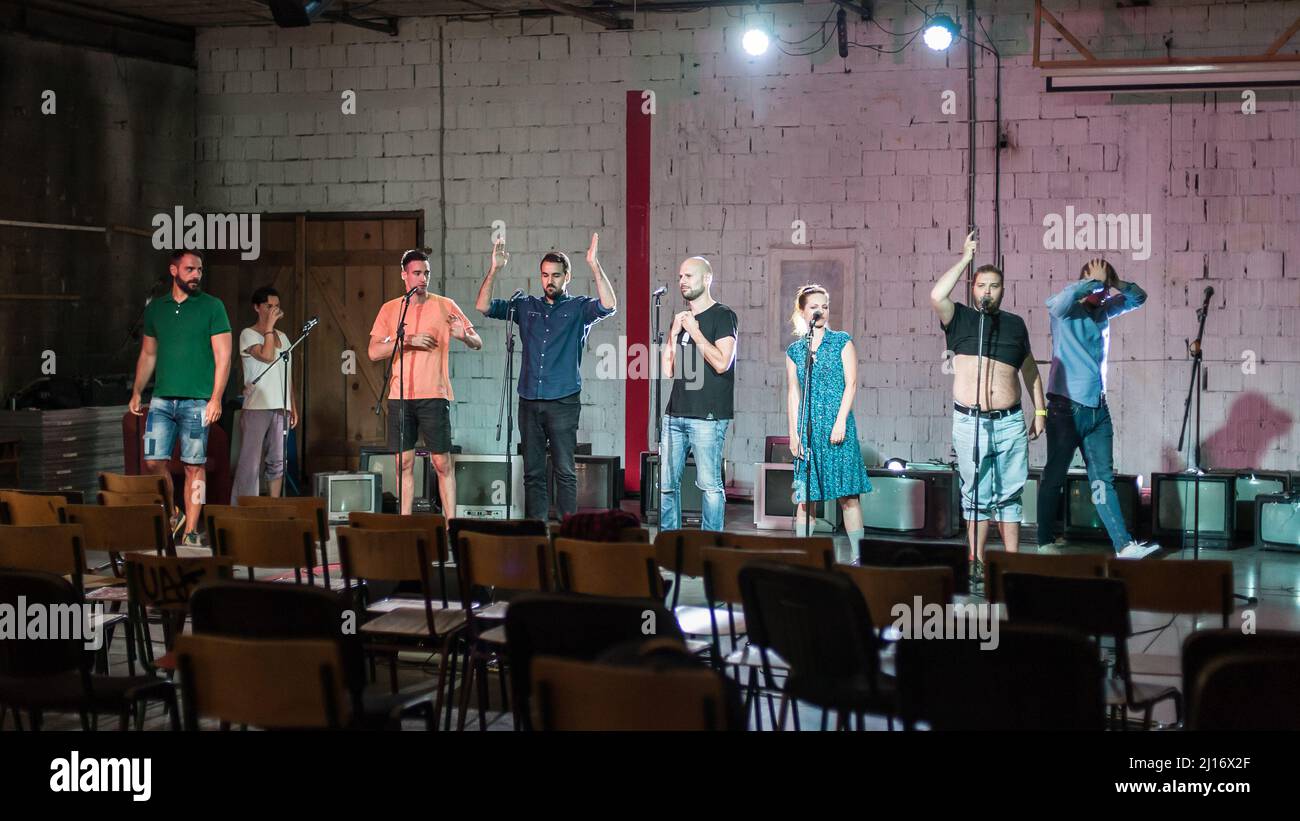 Rehearsal at theatre. Actors preparing for a role during the rehearsal ...