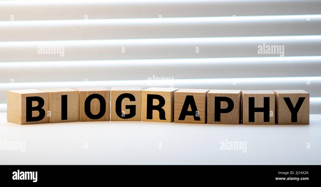 Biography headline sign made of wood on a table Stock Photo - Alamy