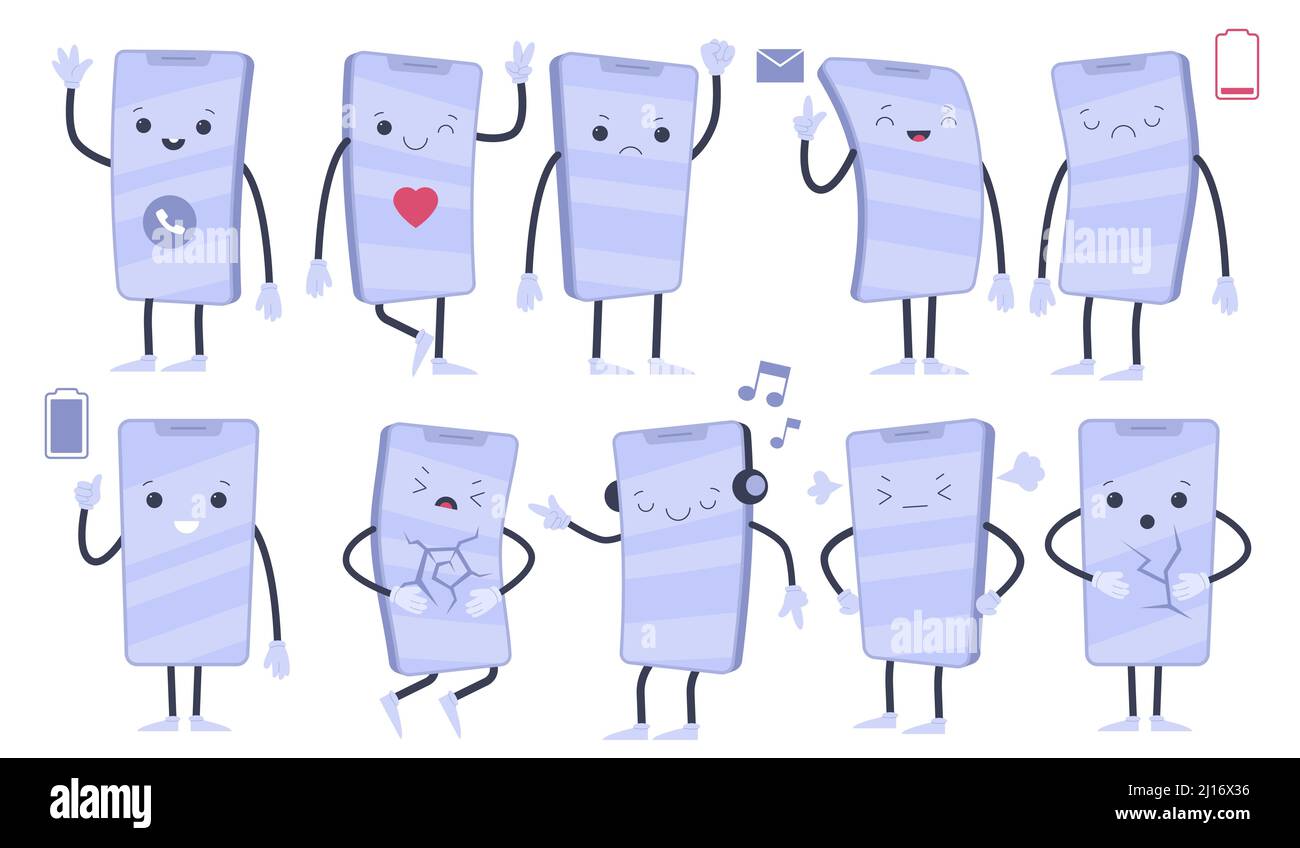 Smartphone mascots. Mobile phone cartoon characters. Different poses ...