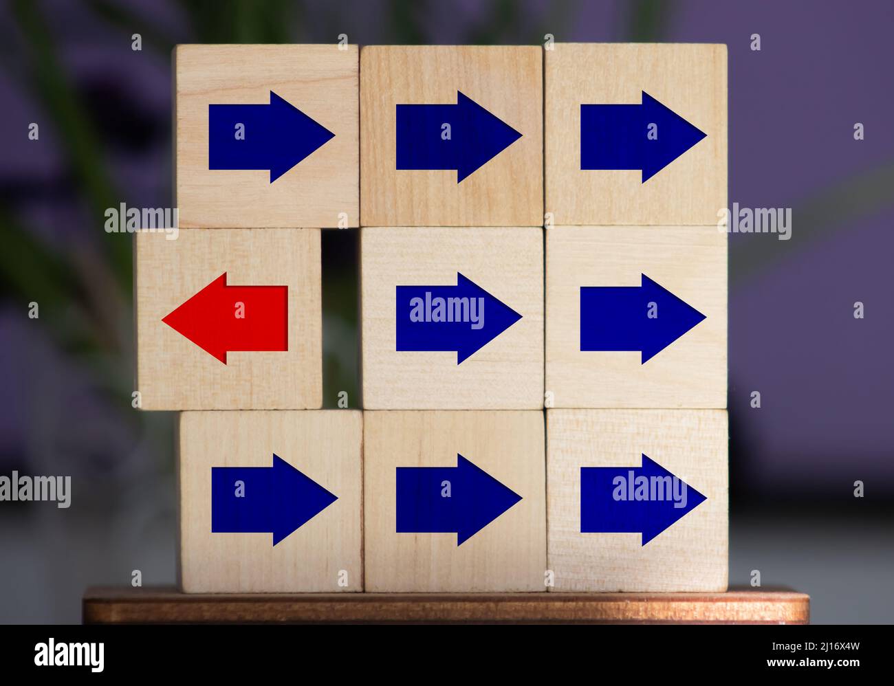Wooden block with red arrow facing the opposite direction black arrows ...