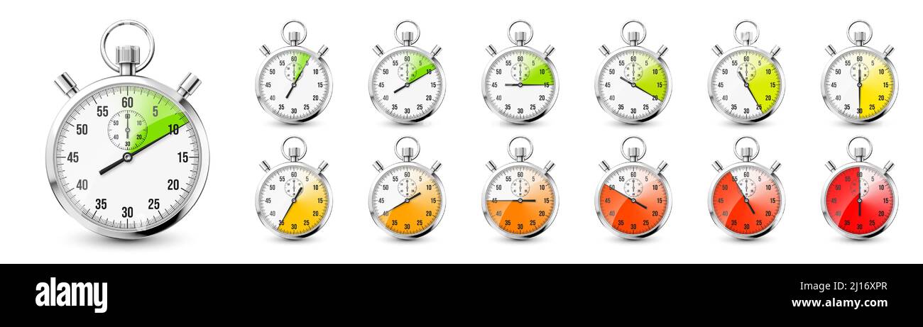 Realistic classic stopwatch icons. Shiny metal chronometer, time ...