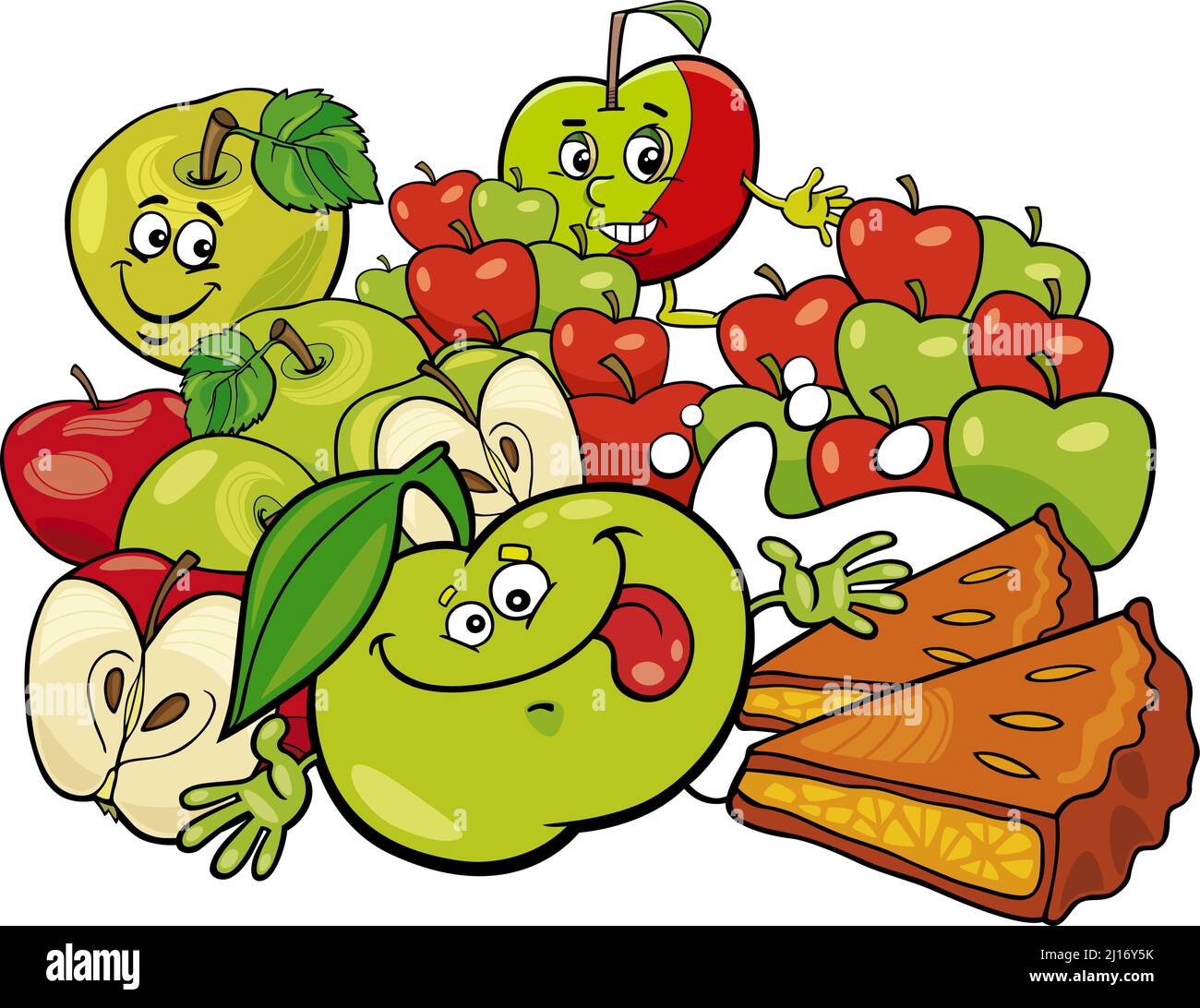 cartoon illustration of funny green and red apples and apple pie Stock ...