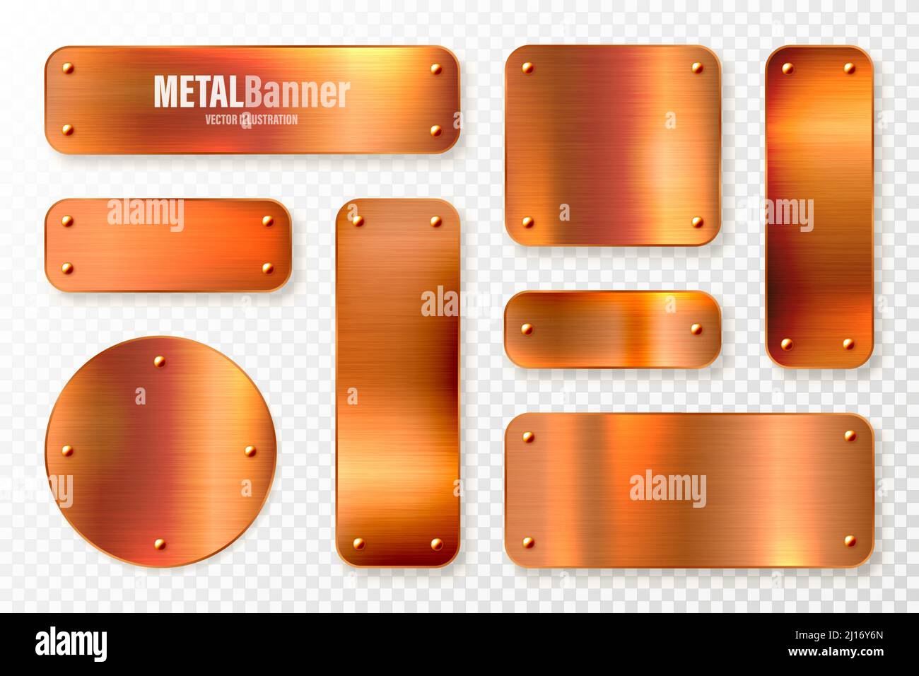 Realistic copper banners collection. Brushed stainless steel plate with ...