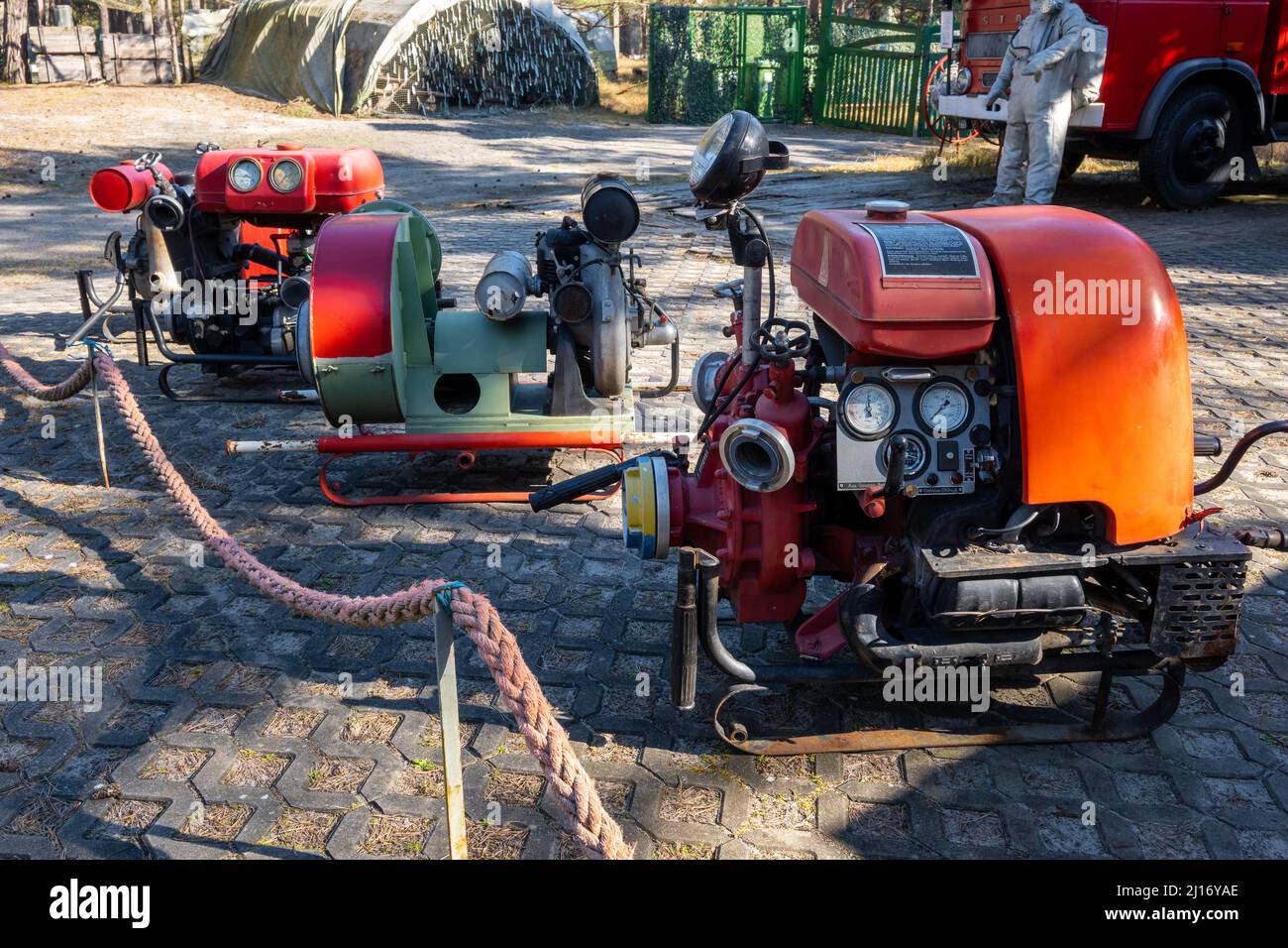 Hel, Poland - March 20, 2022: Portable fire syringe in military open ...