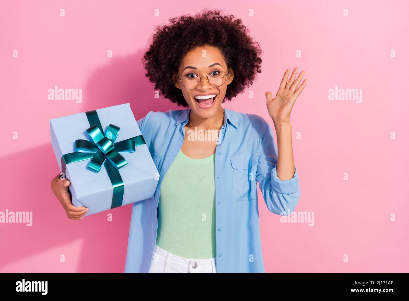 Photo of crazy shocked funky lady hold present giftbox package ...