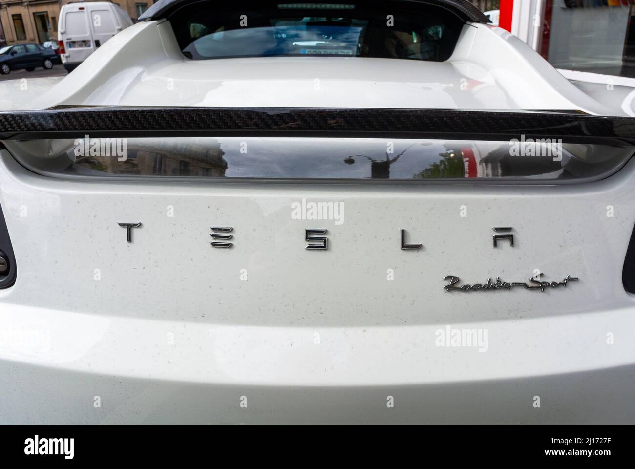 Paris, France, Tesla Electric Car on Display on Street, Rear, Detail ...