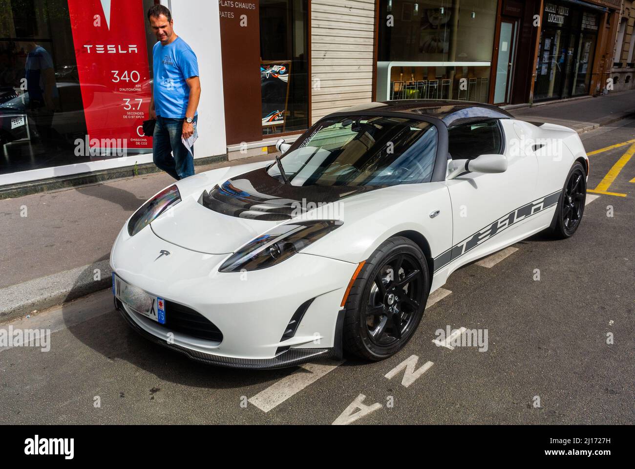Paris, France, Tesla City Electric Car on Display Parked on Street ...