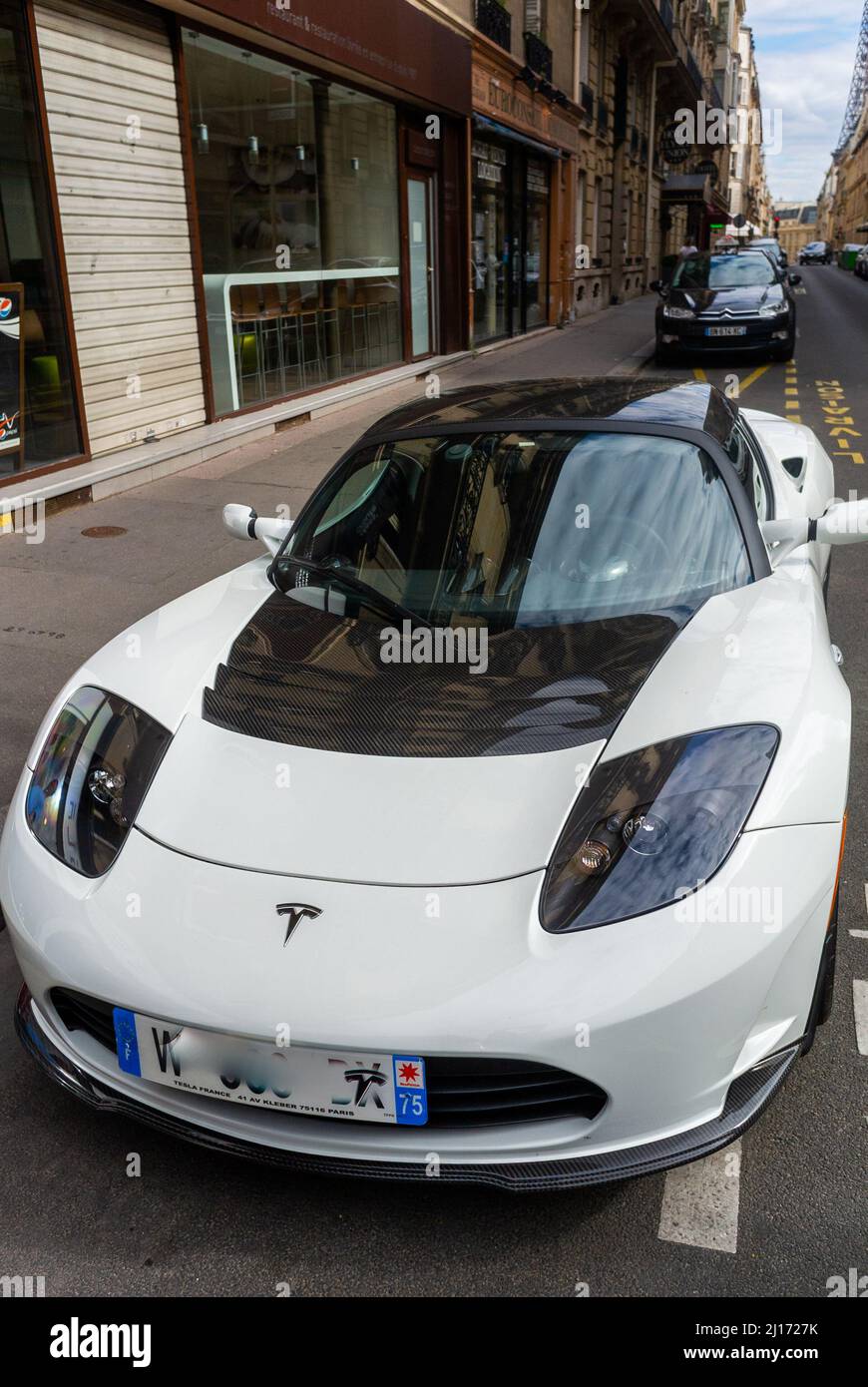 Paris, France, Telsa Electric Car Parked on Display on Street, Front ...