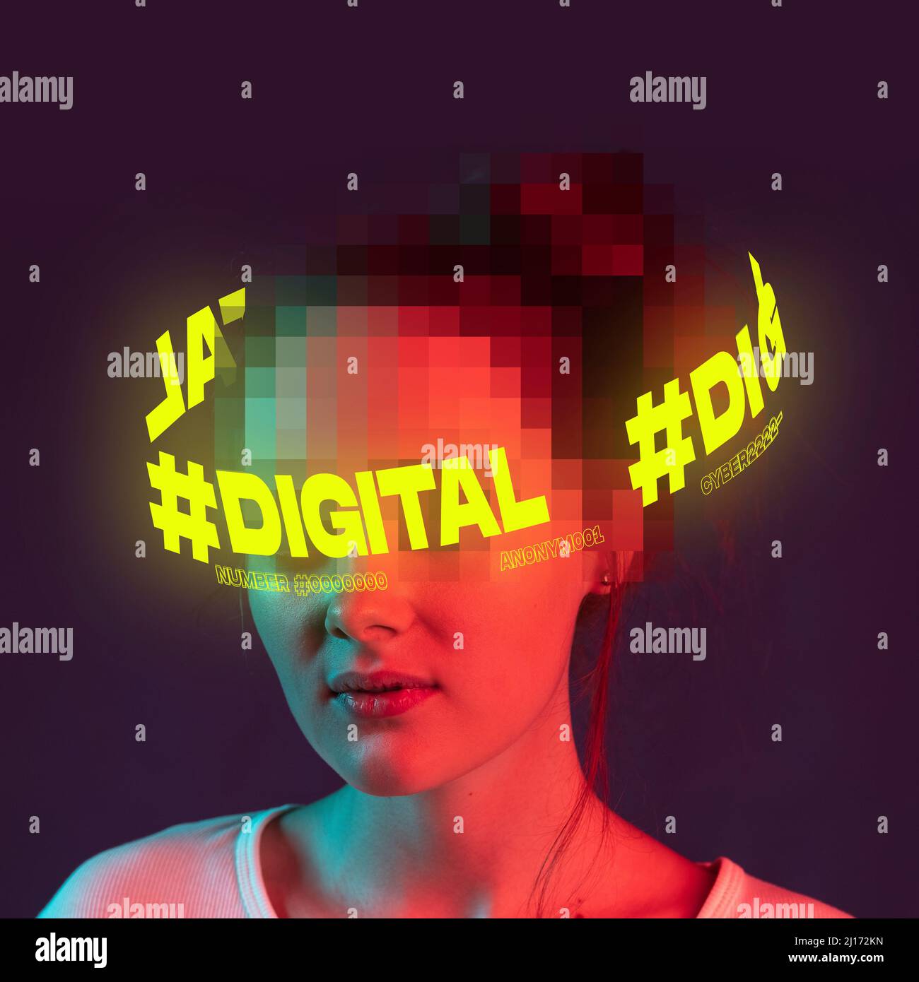 Contemporary art collage. Young woman with half pixel head surrounded ...
