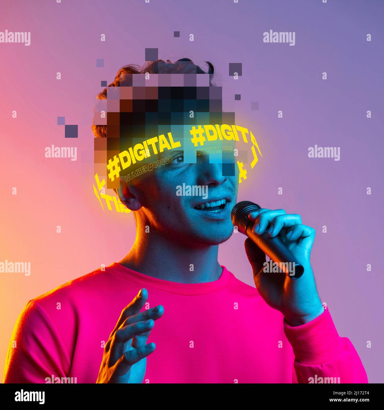 Contemporary design. Young man with pixel head elements singing in ...