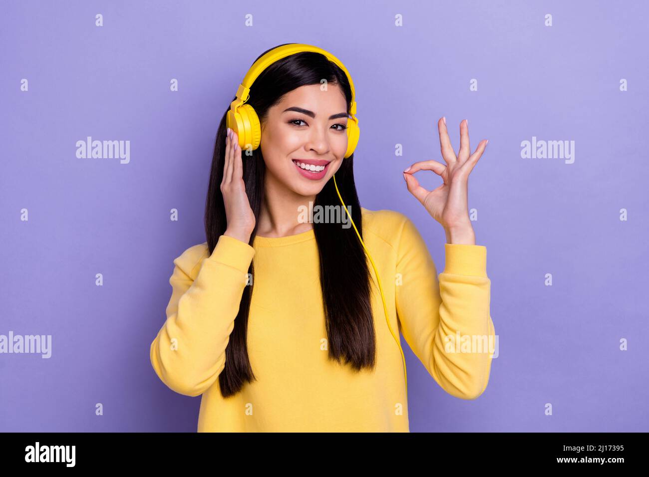 Photo of young girl show fingers okey symbol perfect feedback playlist ...