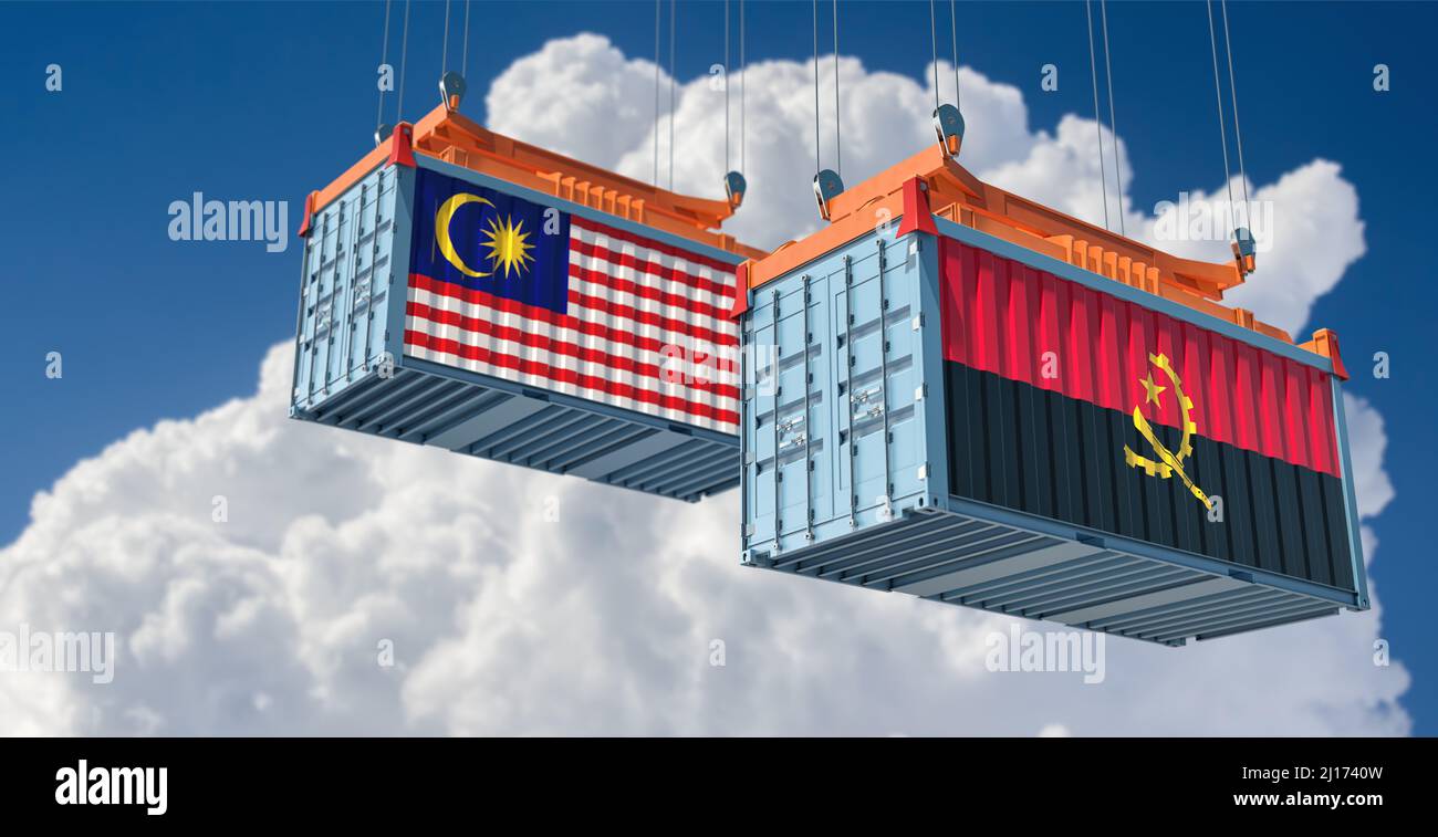 Cargo containers with Malaysia and Angola national flags. 3D Rendering ...