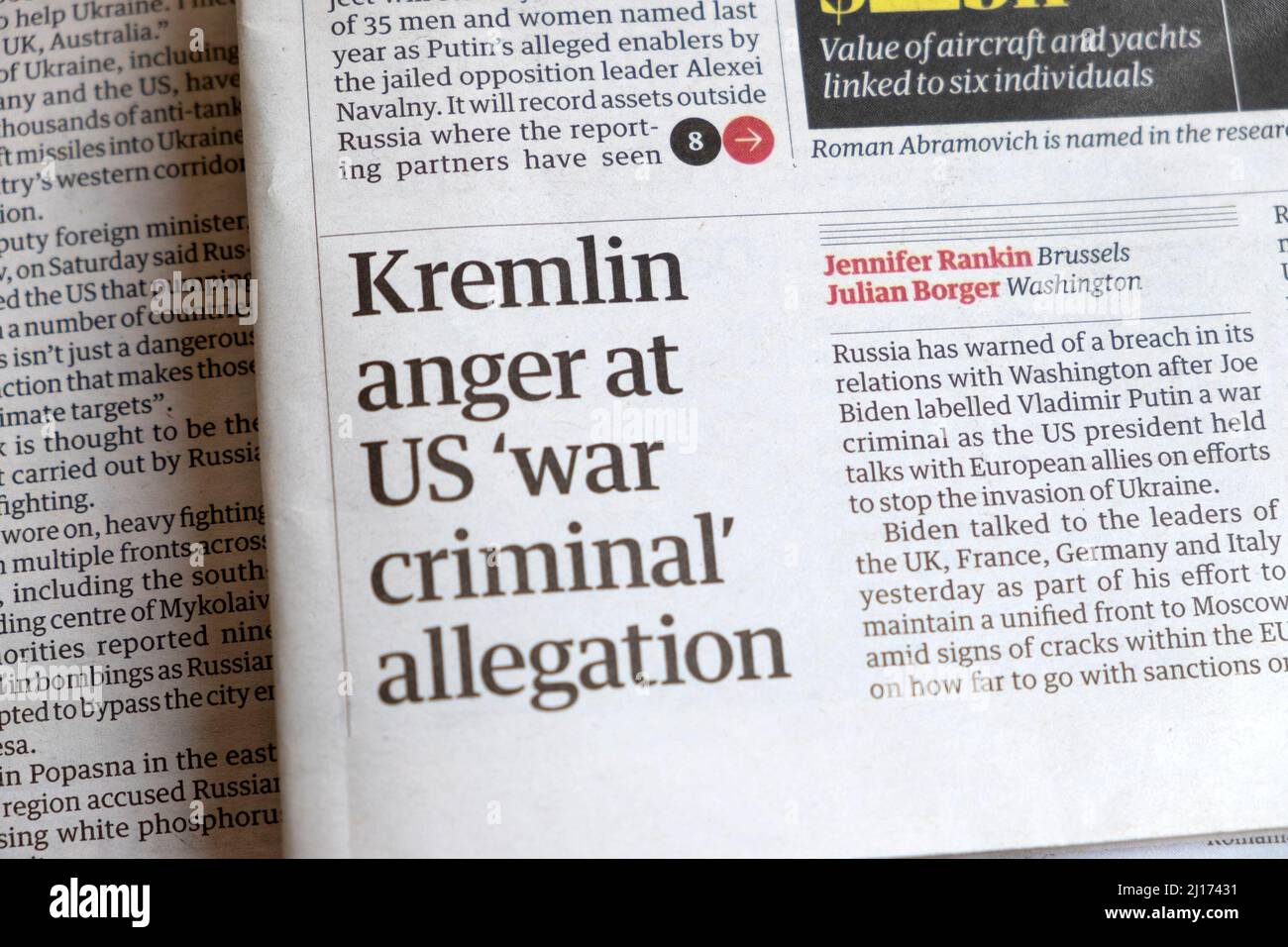 'Kremlin anger at US' war criminal allegation' Guardian newspaper ...