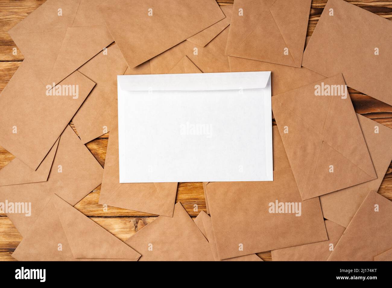 Stack of envelopes on working desk top view. Business mail Stock Photo ...